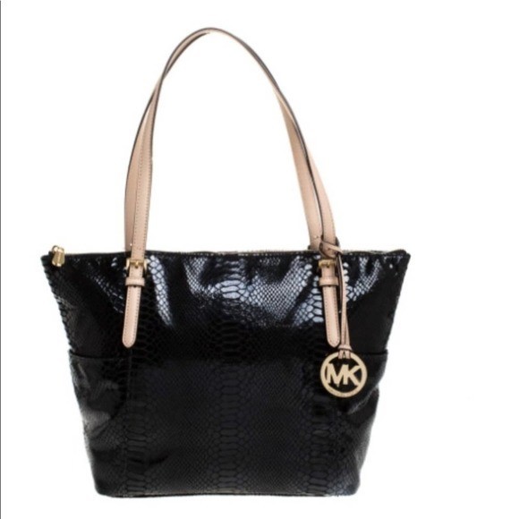 Michael Kors | Bags | Michael Kors Purse Black Patent Leather Snake Bag Embossed Python Tote ...